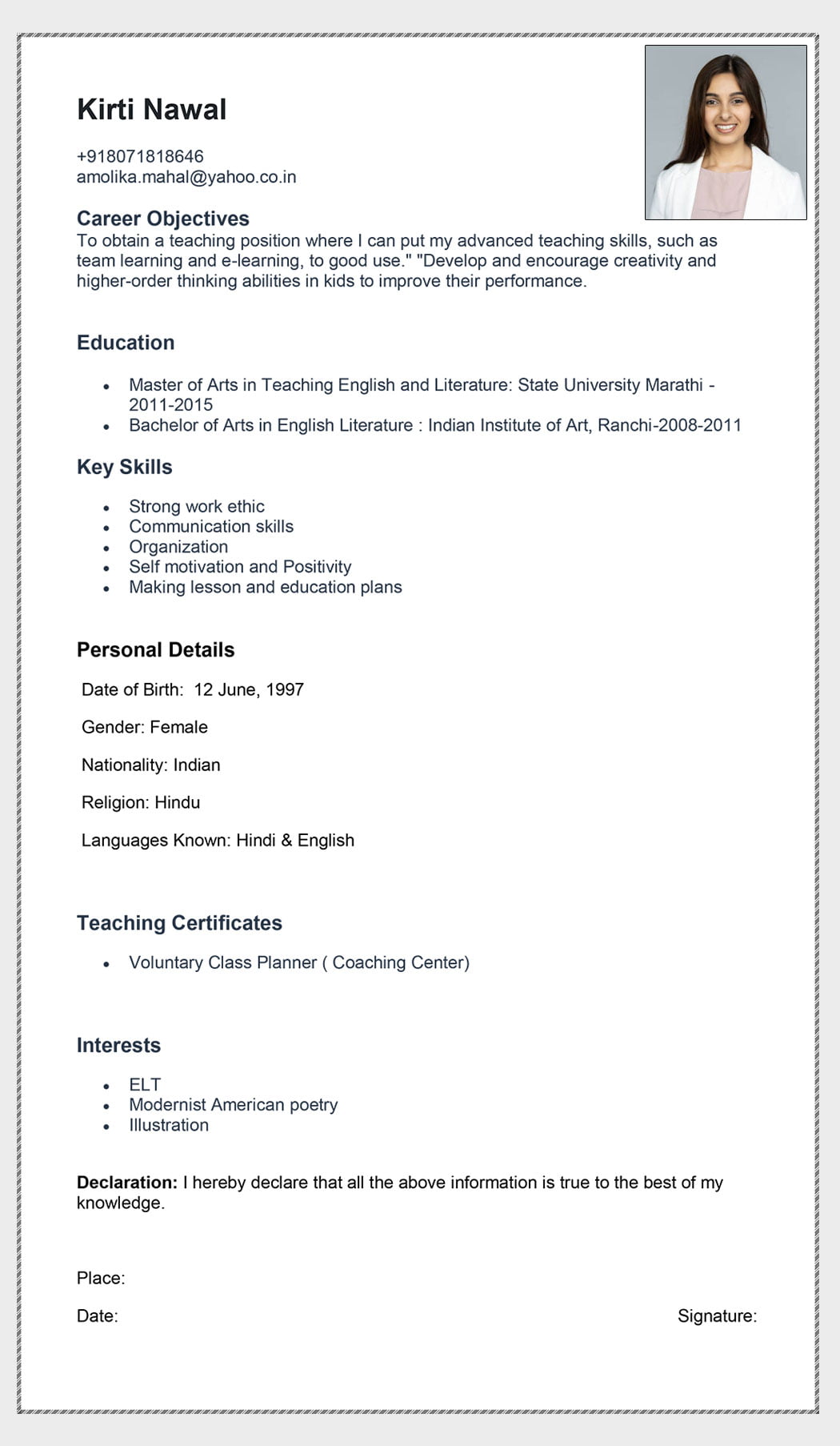 Resume Format For Fresher Teachers MargyPuckett Blog