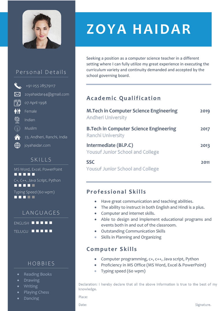 Resume For Teacher Fresher 5 CV Samples Cover Letter Tips Webson Job